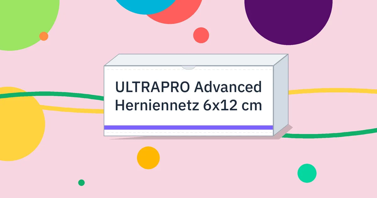 Symbolbild: Packung mit der Aufschrift ULTRAPRO Advanced Herniennetz 6x12 cm (PZN 18330844) – Verfügbarkeit und Bezug in Apotheken in Frankfurt am Main