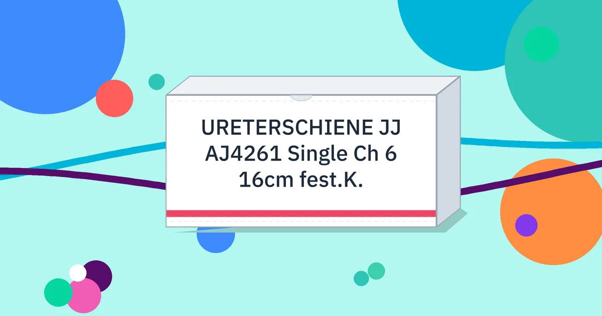 Symbolbild: Packung mit der Aufschrift URETERSCHIENE JJ AJ4261 Single Ch 6 16cm fest.K. (PZN 00752970) – Verfügbarkeit und Bezug in Apotheken in Frankfurt am Main