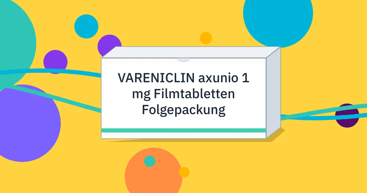 Symbolbild: Packung mit der Aufschrift VARENICLIN axunio 1 mg Filmtabletten Folgepackung (PZN 19949304) – Verfügbarkeit und Bezug in Apotheken in Frankfurt am Main