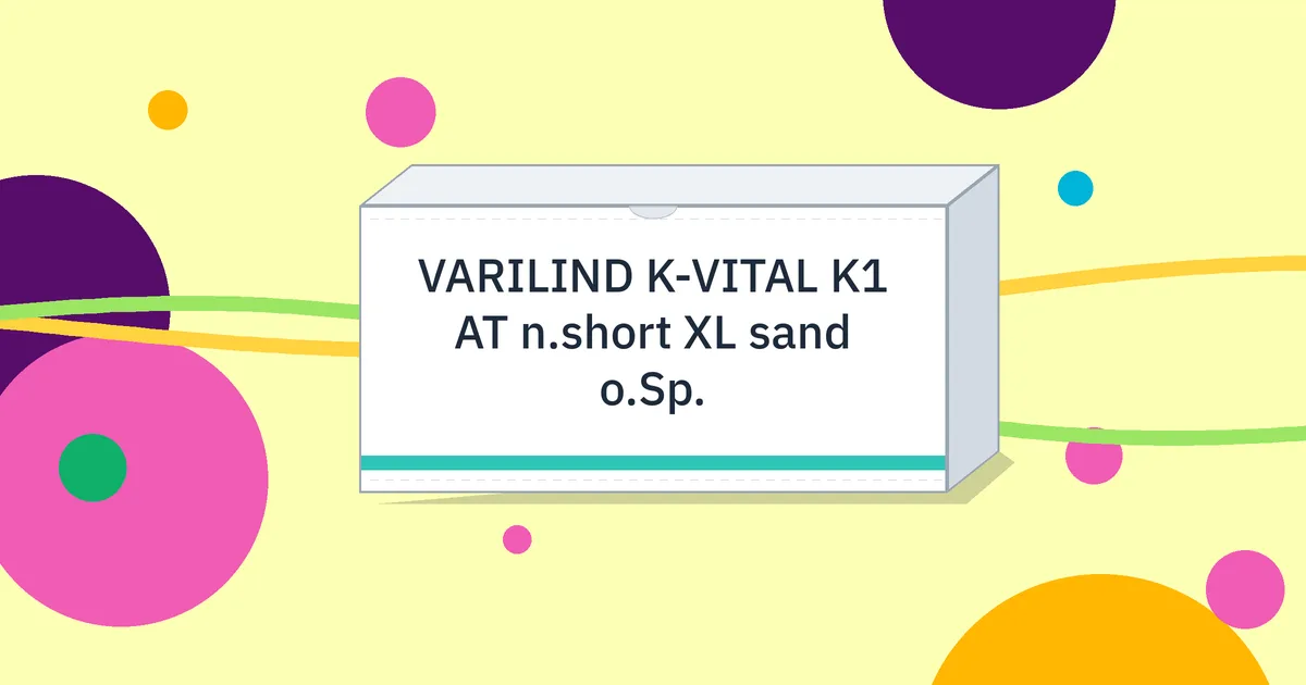 Symbolbild: Packung mit der Aufschrift VARILIND K-VITAL K1 AT n.short XL sand o.Sp. (PZN 20559867) – Verfügbarkeit und Bezug in Apotheken in Frankfurt am Main