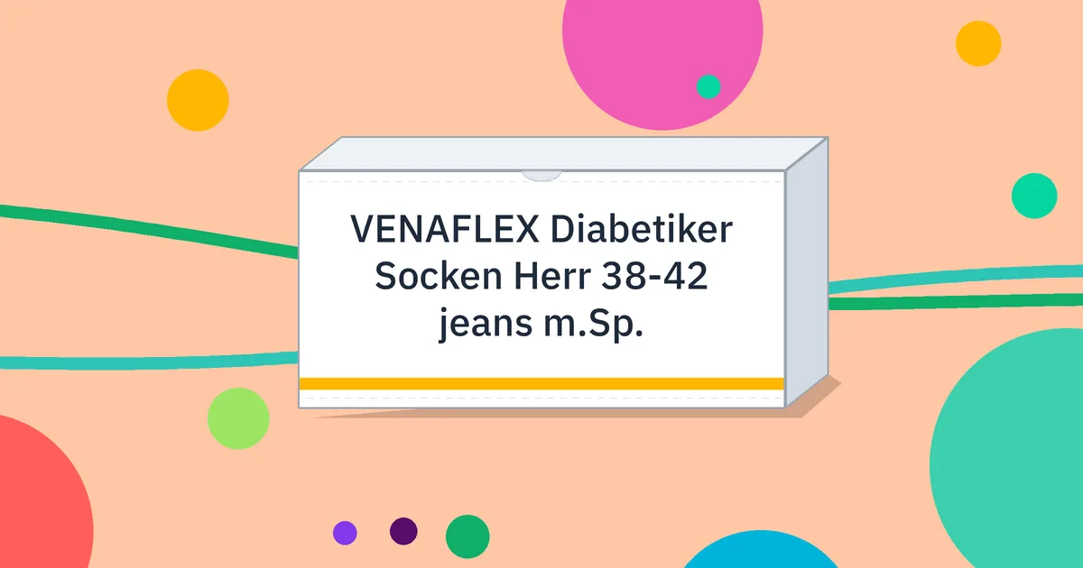 Symbolbild: Packung mit der Aufschrift VENAFLEX Diabetiker Socken Herr 38-42 jeans m.Sp. (PZN 18309353) – Verfügbarkeit und Bezug in Apotheken in Frankfurt am Main