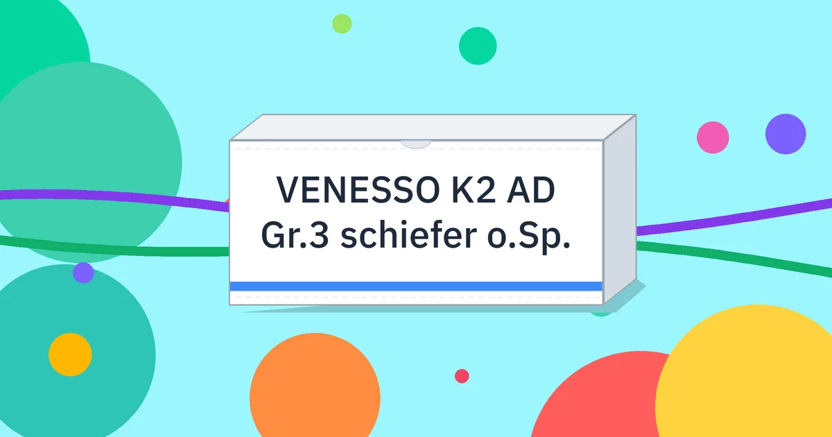 Symbolbild: Packung mit der Aufschrift VENESSO K2 AD Gr.3 schiefer o.Sp. (PZN 03260084) – Verfügbarkeit und Bezug in Apotheken in Frankfurt am Main