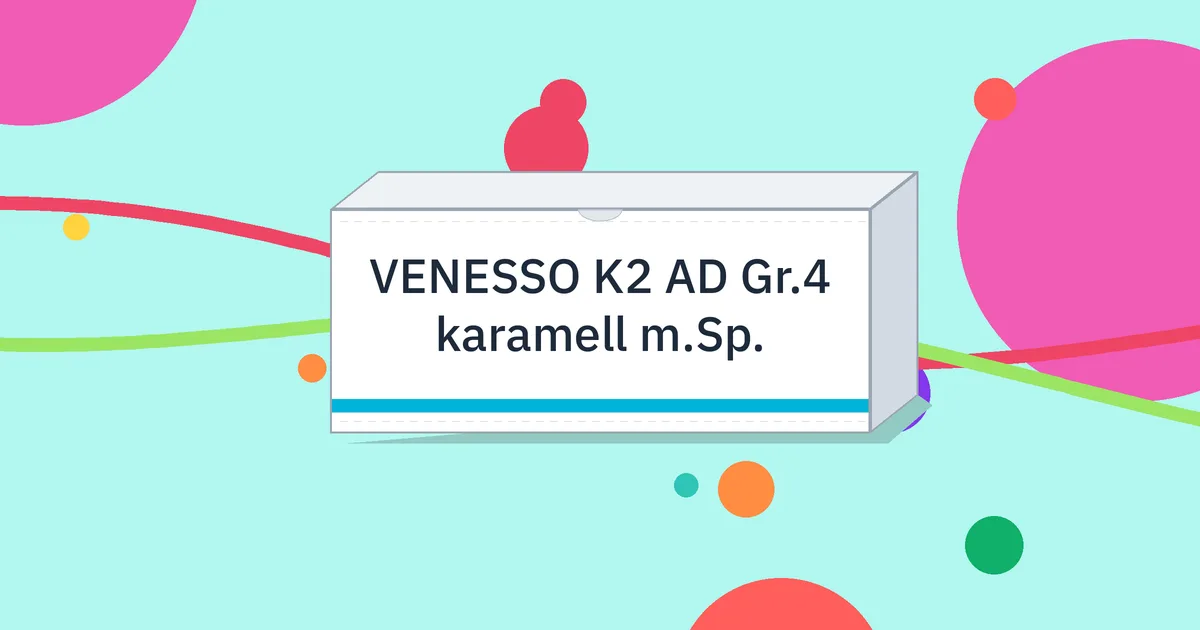 Symbolbild: Packung mit der Aufschrift VENESSO K2 AD Gr.4 karamell m.Sp. (PZN 13758075) – Verfügbarkeit und Bezug in Apotheken in Frankfurt am Main