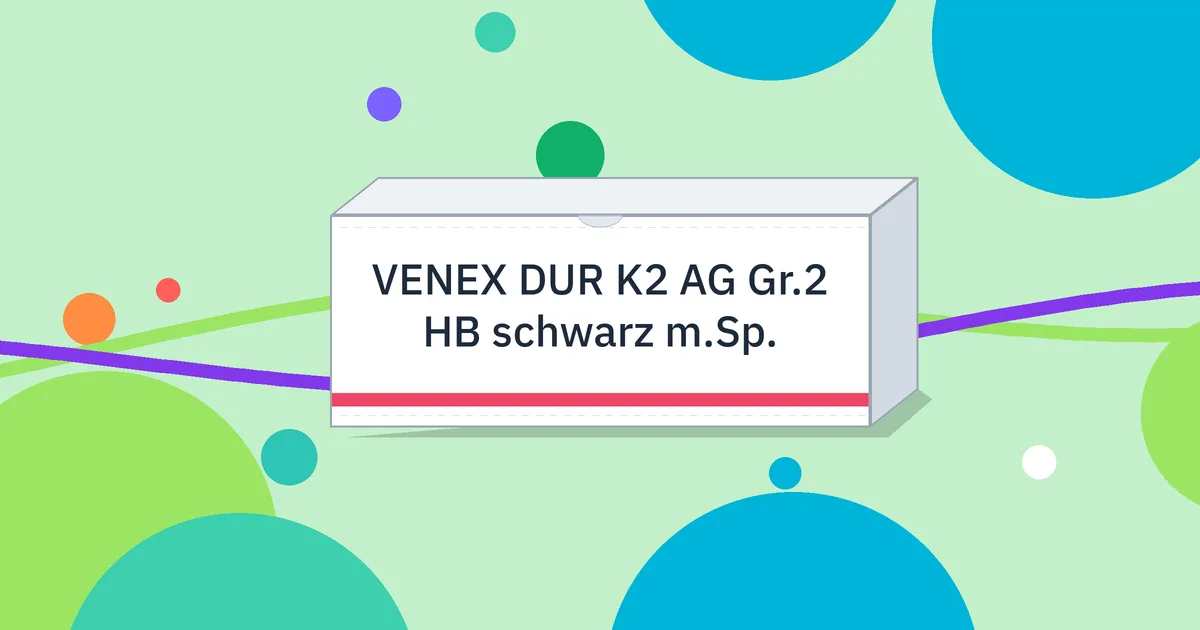 Symbolbild: Packung mit der Aufschrift VENEX DUR K2 AG Gr.2 HB schwarz m.Sp. (PZN 03219012) – Verfügbarkeit und Bezug in Apotheken in Frankfurt am Main