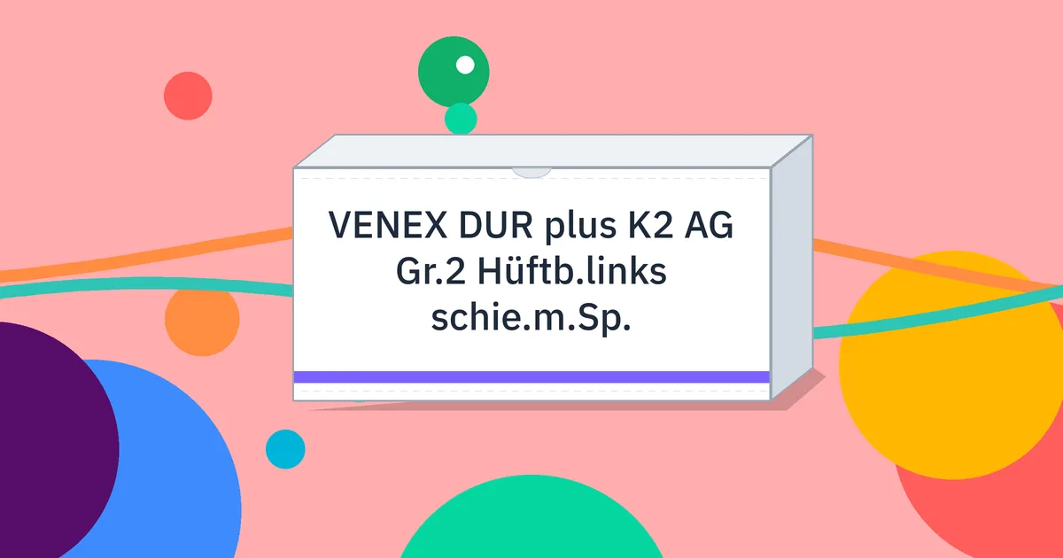 Symbolbild: Packung mit der Aufschrift VENEX DUR plus K2 AG Gr.2 Hüftb.links schie.m.Sp. (PZN 03237582) – Verfügbarkeit und Bezug in Apotheken in Frankfurt am Main