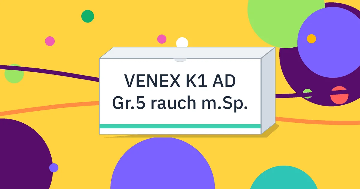 Symbolbild: Packung mit der Aufschrift VENEX K1 AD Gr.5 rauch m.Sp. (PZN 03183679) – Verfügbarkeit und Bezug in Apotheken in Frankfurt am Main