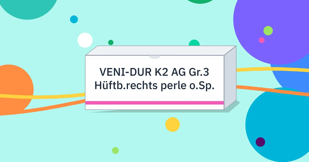 Symbolbild: Packung mit der Aufschrift VENI-DUR K2 AG Gr.3 Hüftb.rechts perle o.Sp. (PZN 03252819) – Verfügbarkeit und Bezug in Apotheken in Frankfurt am Main