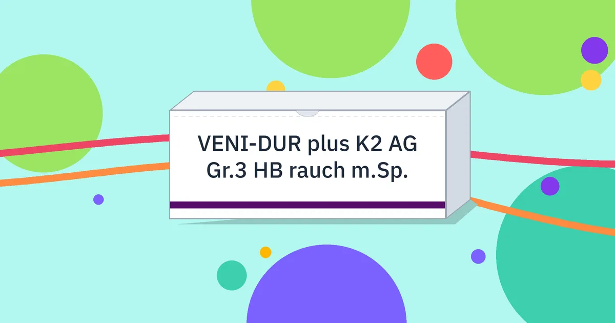 Symbolbild: Packung mit der Aufschrift VENI-DUR plus K2 AG Gr.3 HB rauch m.Sp. (PZN 03254741) – Verfügbarkeit und Bezug in Apotheken in Frankfurt am Main