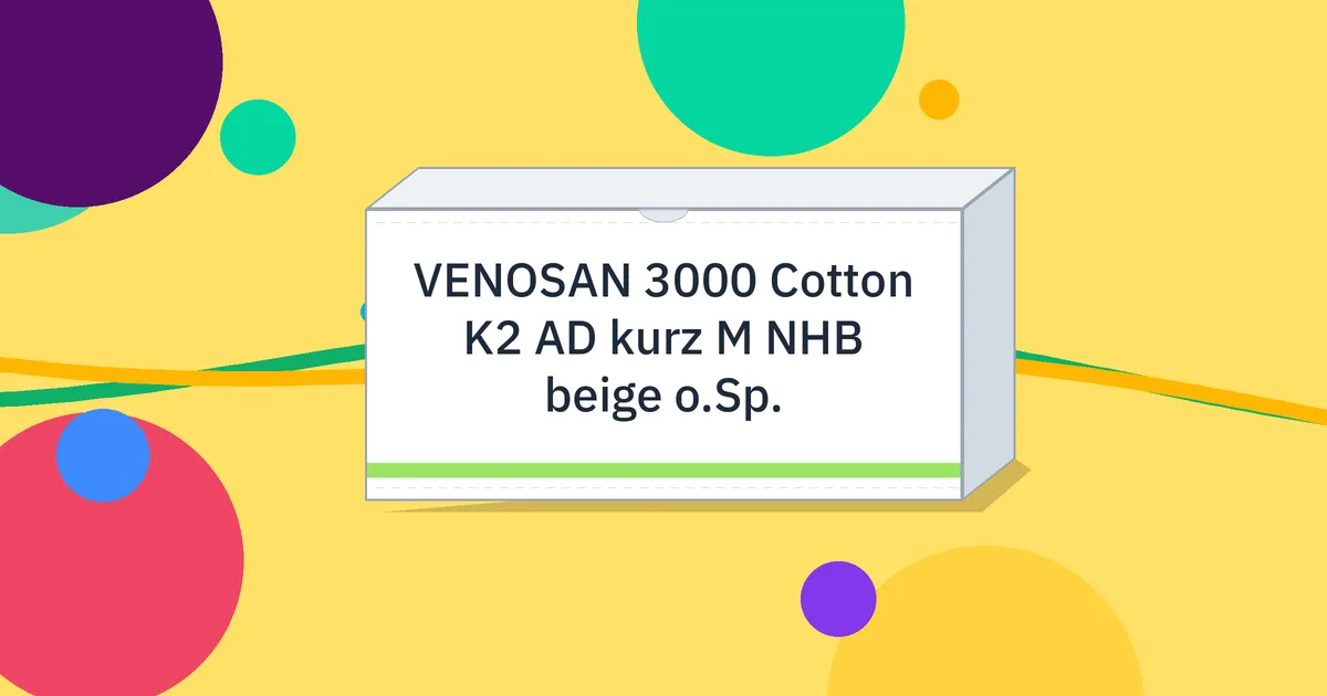 Symbolbild: Packung mit der Aufschrift VENOSAN 3000 Cotton K2 AD kurz M NHB beige o.Sp. (PZN 14421449) – Verfügbarkeit und Bezug in Apotheken in Frankfurt am Main