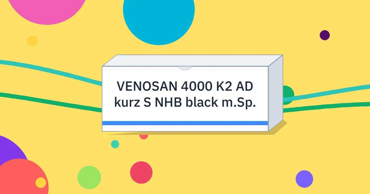 Symbolbild: Packung mit der Aufschrift VENOSAN 4000 K2 AD kurz S NHB black m.Sp. (PZN 14427469) – Verfügbarkeit und Bezug in Apotheken in Frankfurt am Main