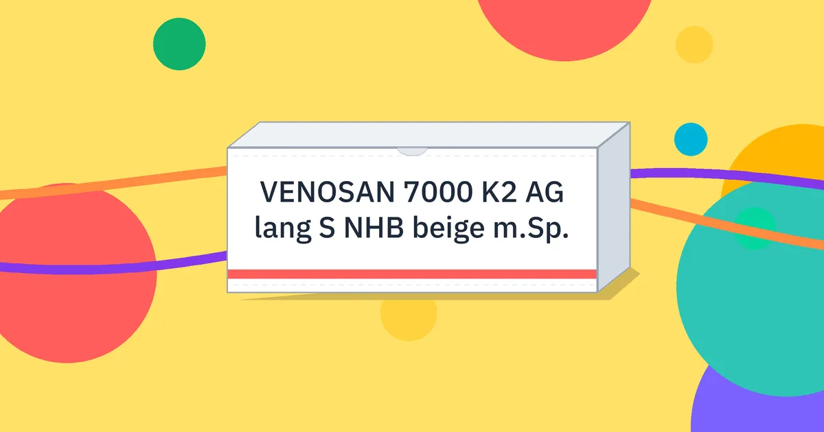 Symbolbild: Packung mit der Aufschrift VENOSAN 7000 K2 AG lang S NHB beige m.Sp. (PZN 14434771) – Verfügbarkeit und Bezug in Apotheken in Frankfurt am Main
