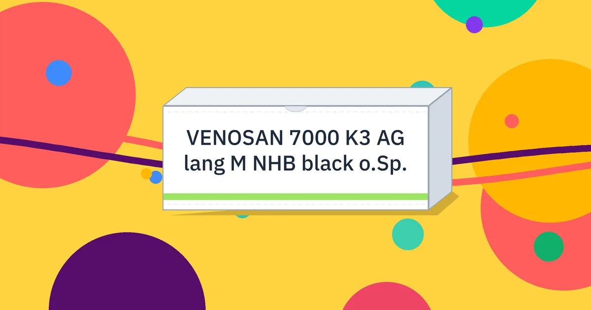 Symbolbild: Packung mit der Aufschrift VENOSAN 7000 K3 AG lang M NHB black o.Sp. (PZN 14436497) – Verfügbarkeit und Bezug in Apotheken in Frankfurt am Main