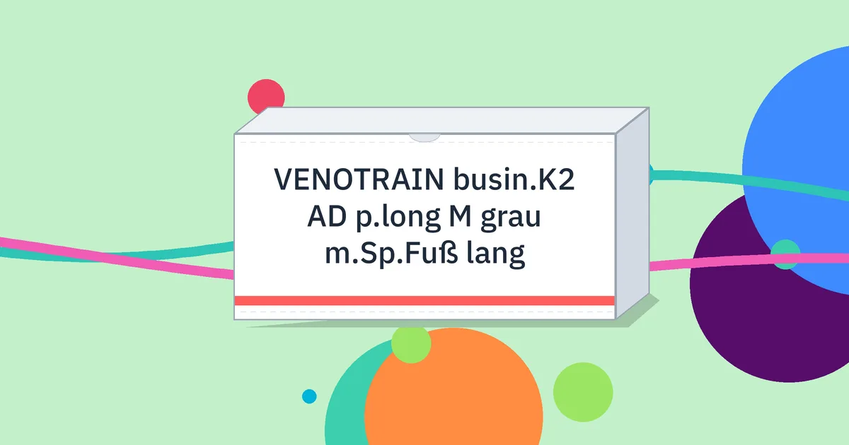 Symbolbild: Packung mit der Aufschrift VENOTRAIN busin.K2 AD p.long M grau m.Sp.Fuß lang (PZN 19056902) – Verfügbarkeit und Bezug in Apotheken in Frankfurt am Main