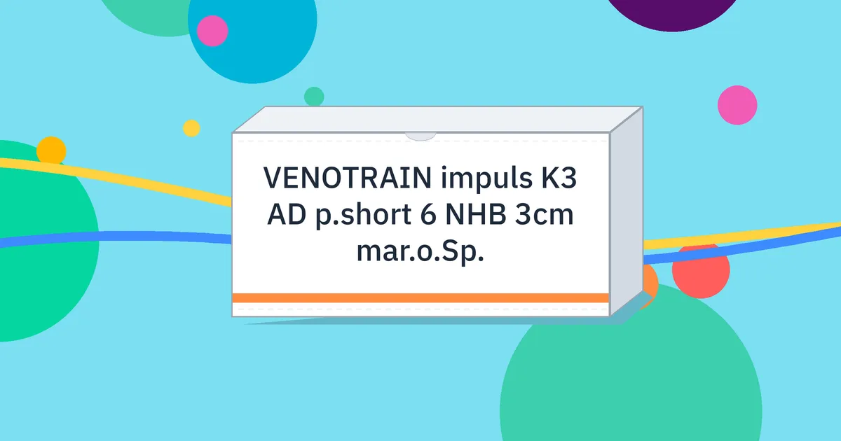 Symbolbild: Packung mit der Aufschrift VENOTRAIN impuls K3 AD p.short 6 NHB 3cm mar.o.Sp. (PZN 15225087) – Verfügbarkeit und Bezug in Apotheken in Frankfurt am Main