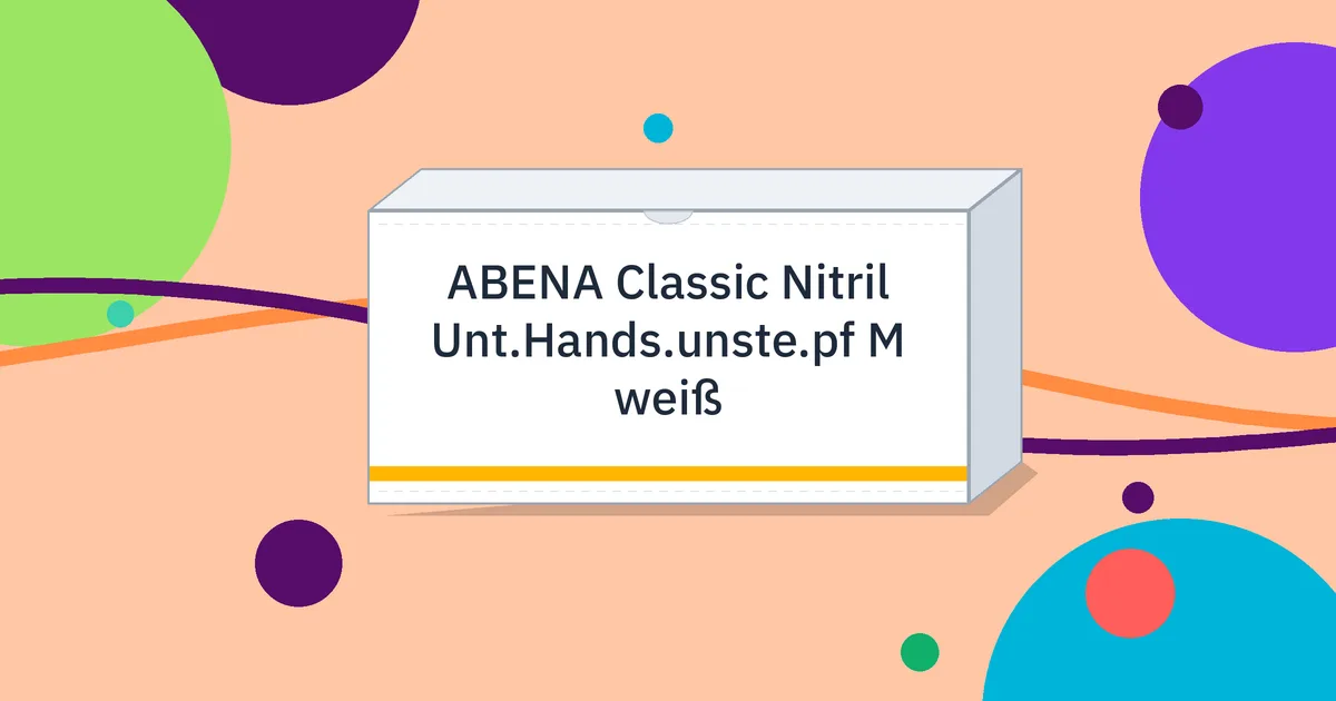 Symbolbild: Packung mit der Aufschrift ABENA Classic Nitril Unt.Hands.unste.pf M weiß (PZN 12519641) – Verfügbarkeit und Bezug in Apotheken in Frankfurt am Main