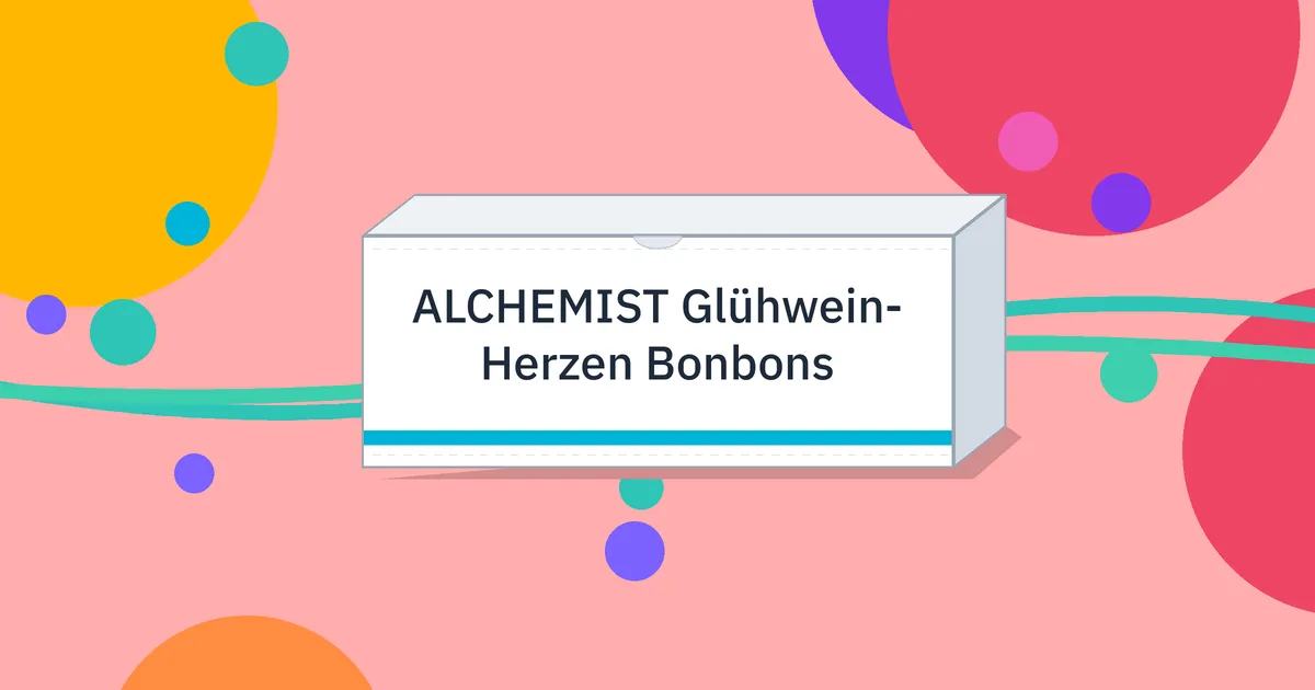 Symbolbild: Packung mit der Aufschrift ALCHEMIST Glühwein-Herzen Bonbons (PZN 17153239) – Verfügbarkeit und Bezug in Apotheken in Frankfurt am Main