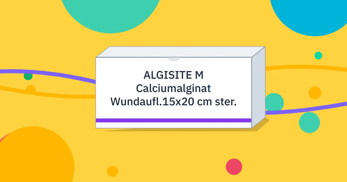 Symbolbild: Packung mit der Aufschrift ALGISITE M Calciumalginat Wundaufl.15x20 cm ster. (PZN 08818533) – Verfügbarkeit und Bezug in Apotheken in Frankfurt am Main