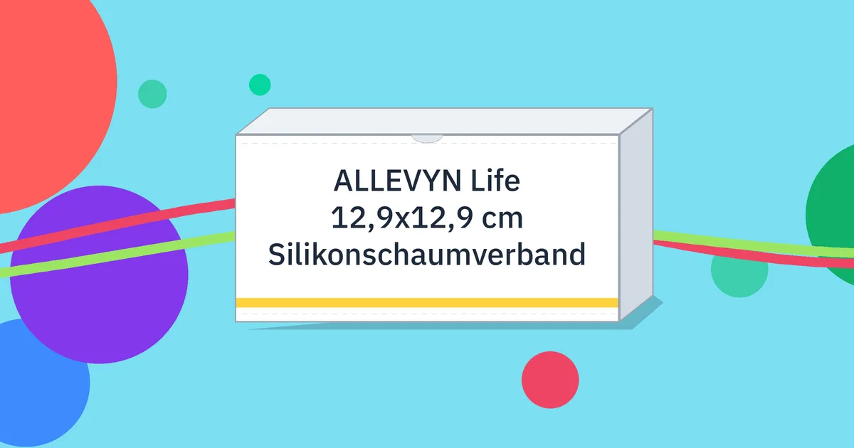 Symbolbild: Packung mit der Aufschrift ALLEVYN Life 12,9x12,9 cm Silikonschaumverband (PZN 12555708) – Verfügbarkeit und Bezug in Apotheken in Frankfurt am Main