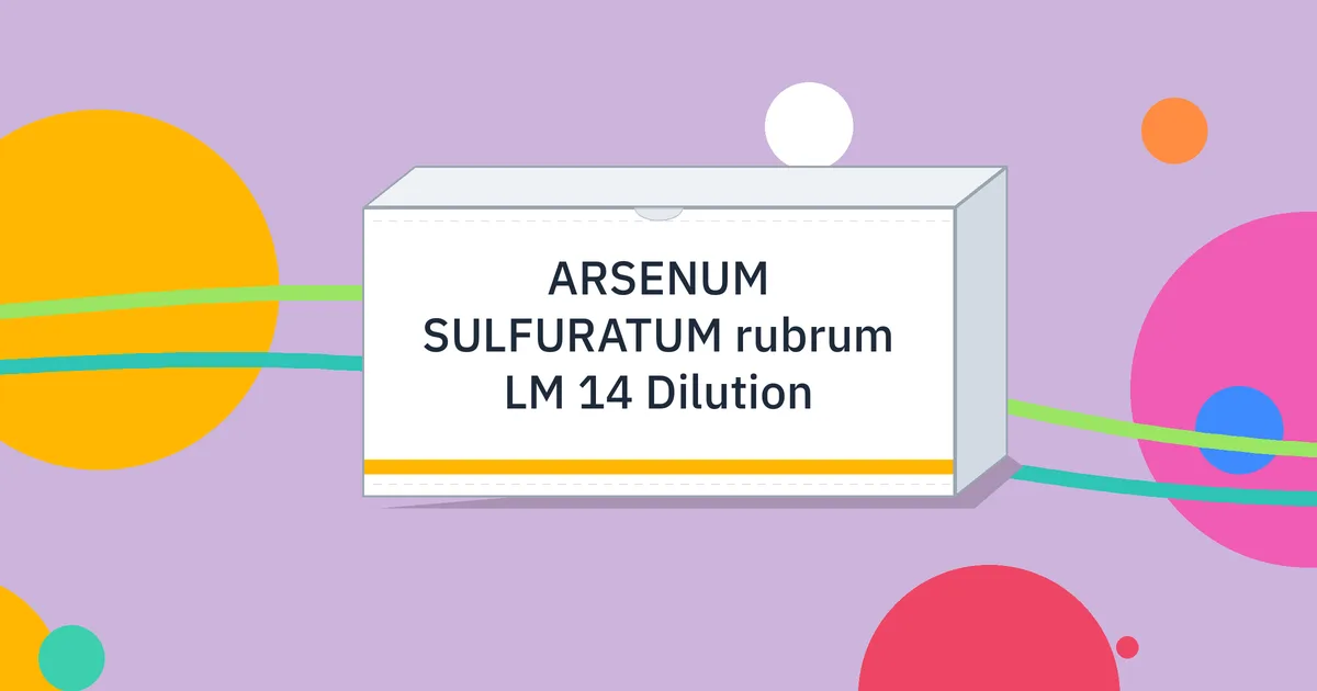 Symbolbild: Packung mit der Aufschrift ARSENUM SULFURATUM rubrum LM 14 Dilution (PZN 12779804) – Verfügbarkeit und Bezug in Apotheken in Frankfurt am Main