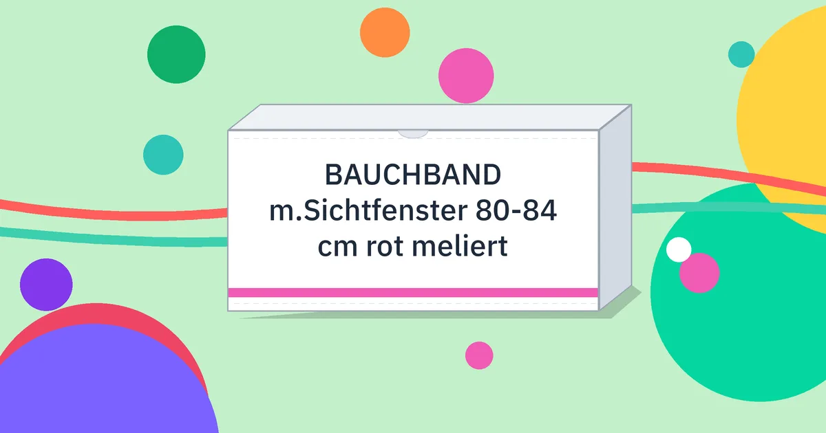 Symbolbild: Packung mit der Aufschrift BAUCHBAND m.Sichtfenster 80-84 cm rot meliert (PZN 13917183) – Verfügbarkeit und Bezug in Apotheken in Frankfurt am Main