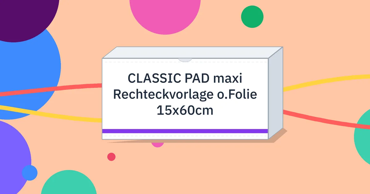 Symbolbild: Packung mit der Aufschrift CLASSIC PAD maxi Rechteckvorlage o.Folie 15x60cm (PZN 10329965) – Verfügbarkeit und Bezug in Apotheken in Frankfurt am Main