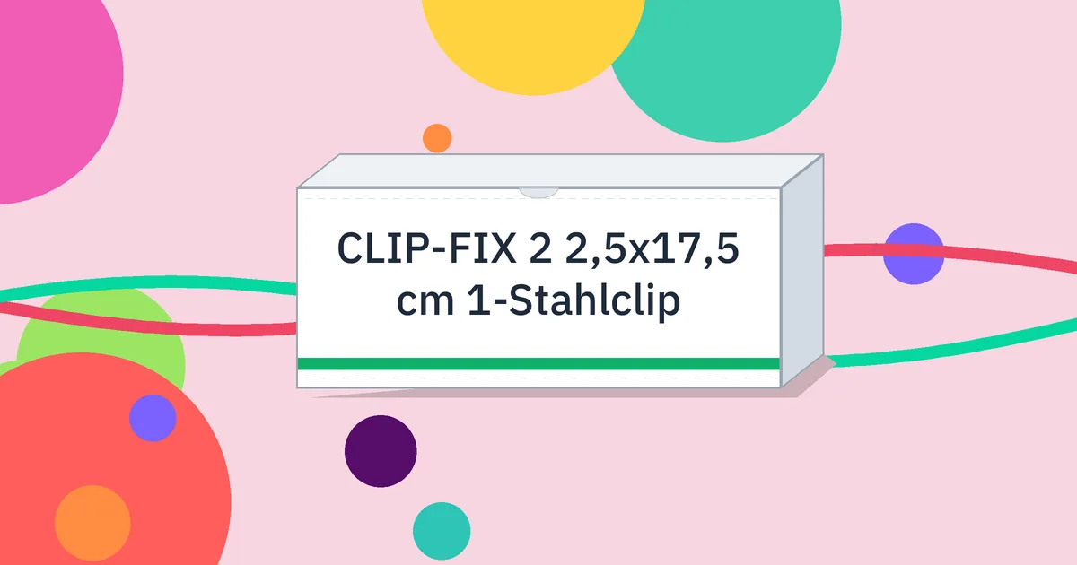 Symbolbild: Packung mit der Aufschrift CLIP-FIX 2 2,5x17,5 cm 1-Stahlclip (PZN 18756187) – Verfügbarkeit und Bezug in Apotheken in Frankfurt am Main