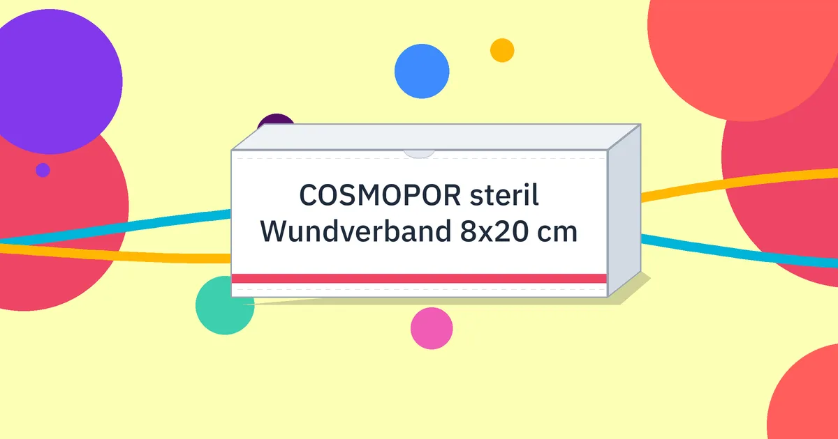 Symbolbild: Packung mit der Aufschrift COSMOPOR steril Wundverband 8x20 cm (PZN 07110312) – Verfügbarkeit und Bezug in Apotheken in Frankfurt am Main