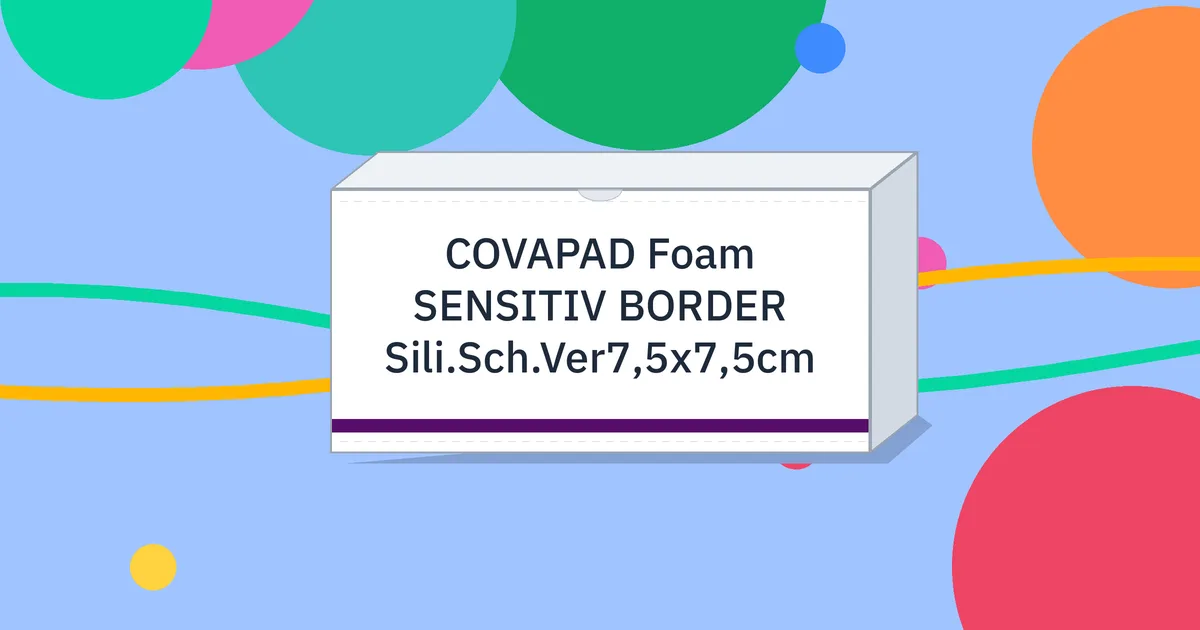 Symbolbild: Packung mit der Aufschrift COVAPAD Foam SENSITIV BORDER Sili.Sch.Ver7,5x7,5cm (PZN 19223027) – Verfügbarkeit und Bezug in Apotheken in Frankfurt am Main