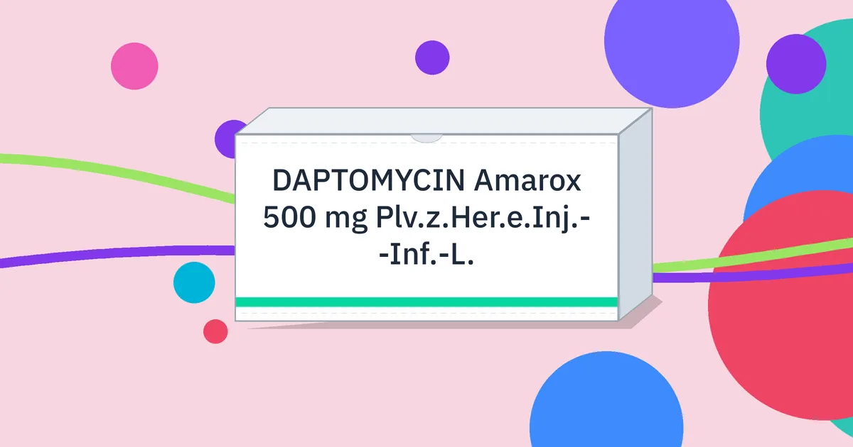 Symbolbild: Packung mit der Aufschrift DAPTOMYCIN Amarox 500 mg Plv.z.Her.e.Inj.--Inf.-L. (PZN 19077264) – Verfügbarkeit und Bezug in Apotheken in Frankfurt am Main