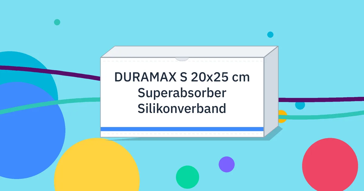 Symbolbild: Packung mit der Aufschrift DURAMAX S 20x25 cm Superabsorber Silikonverband (PZN 19799299) – Verfügbarkeit und Bezug in Apotheken in Frankfurt am Main