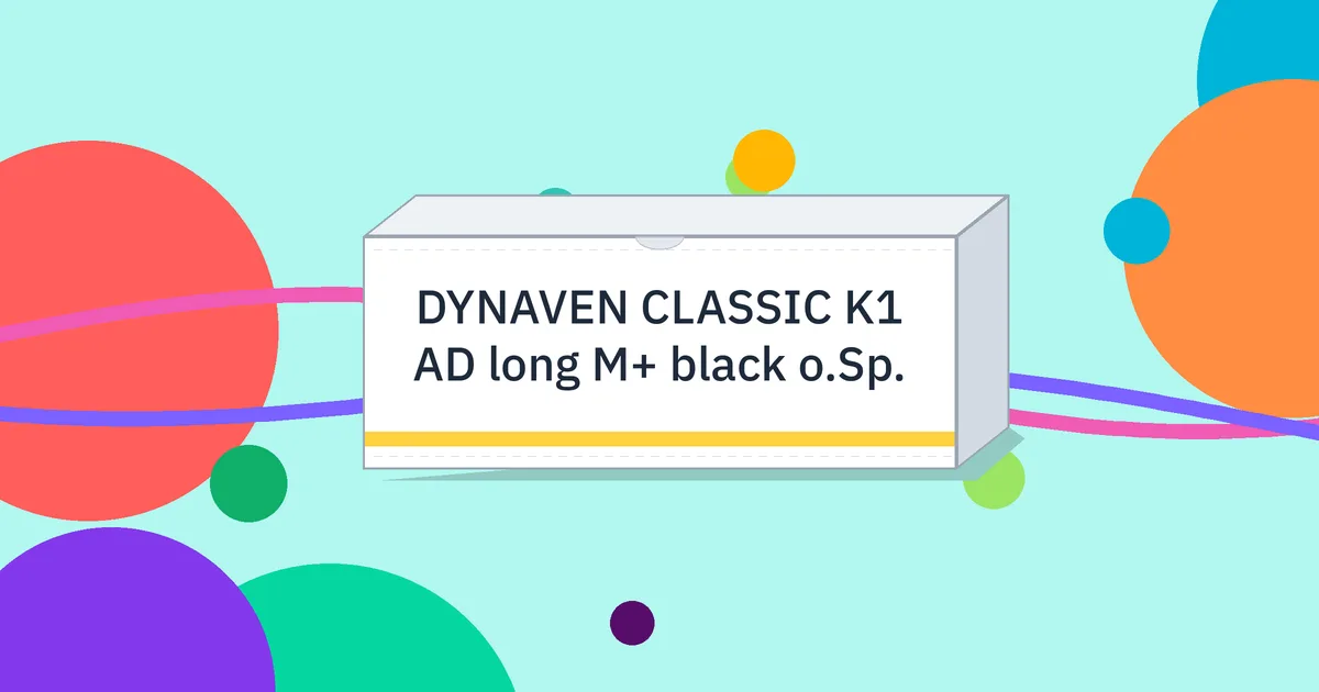 Symbolbild: Packung mit der Aufschrift DYNAVEN CLASSIC K1 AD long M+ black o.Sp. (PZN 18414251) – Verfügbarkeit und Bezug in Apotheken in Frankfurt am Main