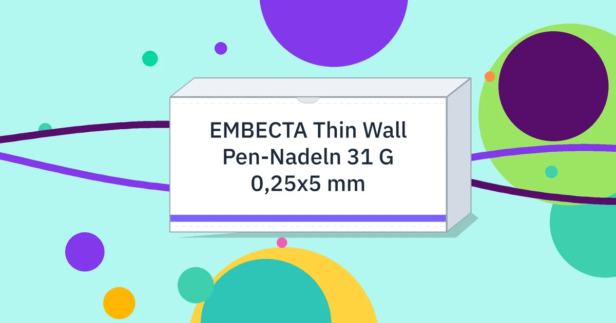 Symbolbild: Packung mit der Aufschrift EMBECTA Thin Wall Pen-Nadeln 31 G 0,25x5 mm (PZN 20612923) – Verfügbarkeit und Bezug in Apotheken in Frankfurt am Main