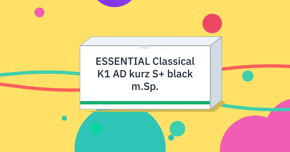 Symbolbild: Packung mit der Aufschrift ESSENTIAL Classical K1 AD kurz S+ black m.Sp. (PZN 17000091) – Verfügbarkeit und Bezug in Apotheken in Frankfurt am Main