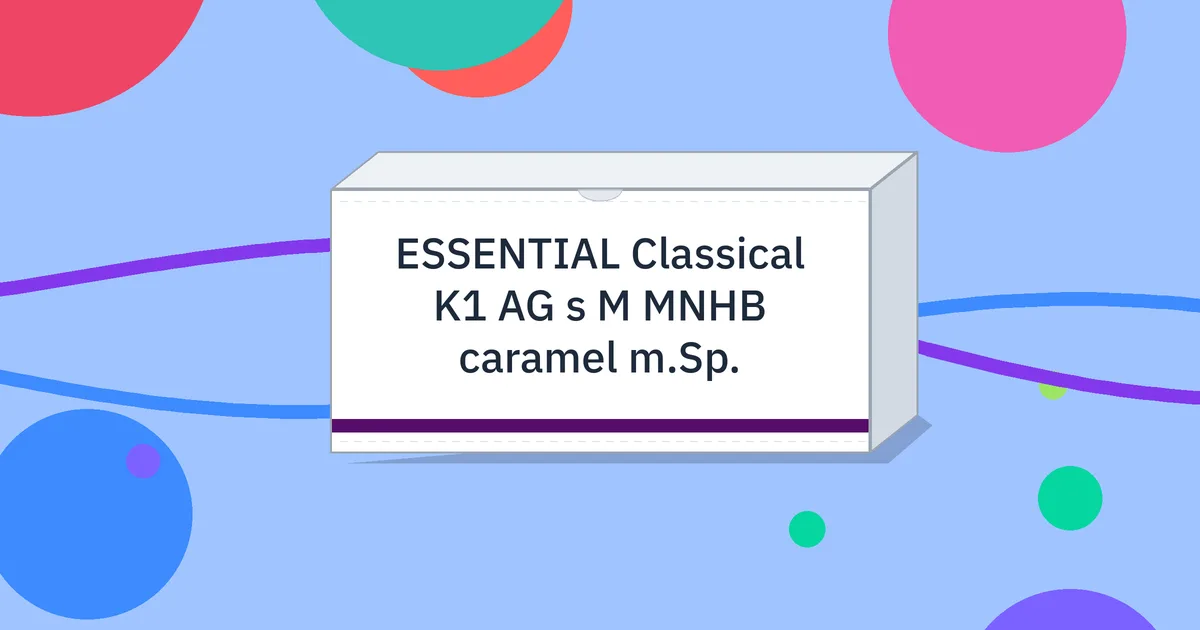 Symbolbild: Packung mit der Aufschrift ESSENTIAL Classical K1 AG s M MNHB caramel m.Sp. (PZN 19321474) – Verfügbarkeit und Bezug in Apotheken in Frankfurt am Main
