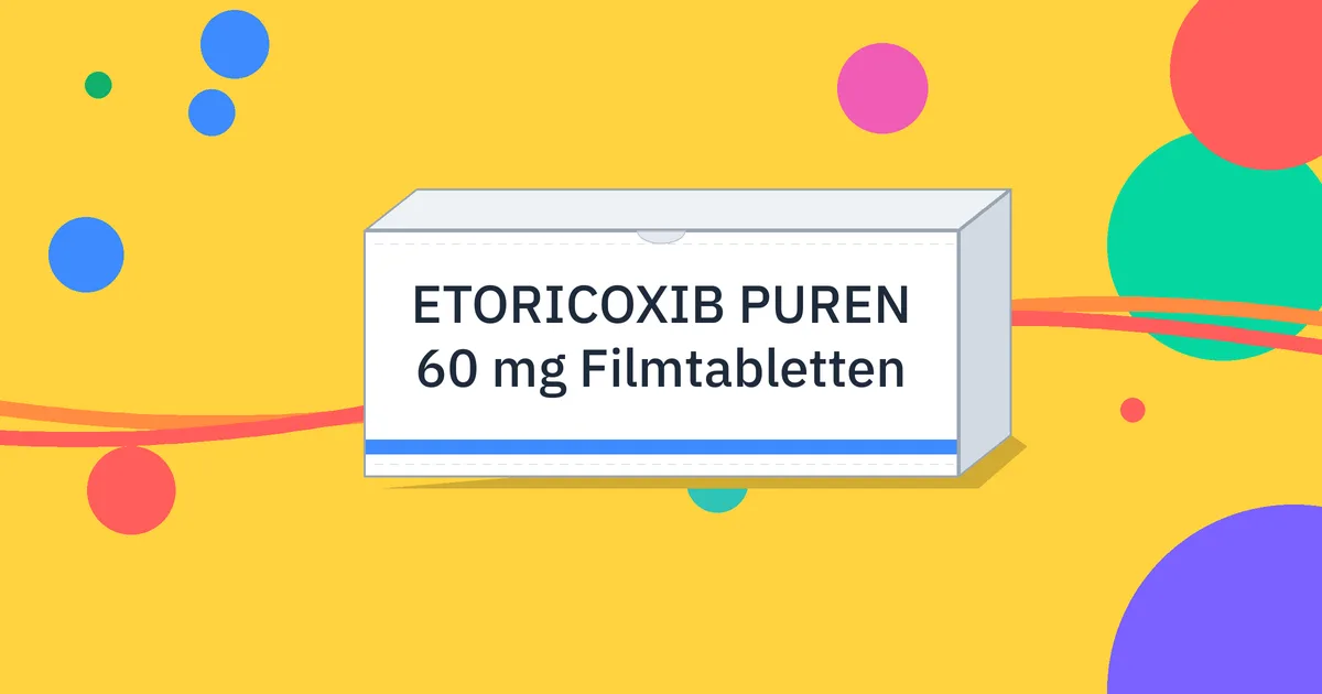 Symbolbild: Packung mit der Aufschrift ETORICOXIB PUREN 60 mg Filmtabletten (PZN 12361660) – Verfügbarkeit und Bezug in Apotheken in Frankfurt am Main