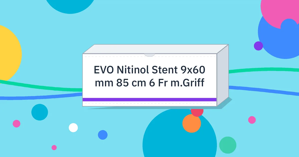 Symbolbild: Packung mit der Aufschrift EVO Nitinol Stent 9x60 mm 85 cm 6 Fr m.Griff (PZN 00223220) – Verfügbarkeit und Bezug in Apotheken in Frankfurt am Main
