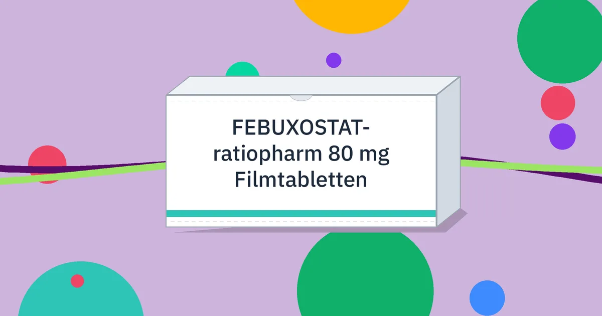 Symbolbild: Packung mit der Aufschrift FEBUXOSTAT-ratiopharm 80 mg Filmtabletten (PZN 14168559) – Verfügbarkeit und Bezug in Apotheken in Frankfurt am Main