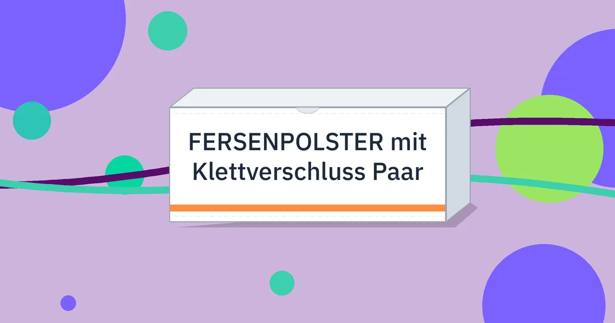 Symbolbild: Packung mit der Aufschrift FERSENPOLSTER mit Klettverschluss Paar (PZN 10075370) – Verfügbarkeit und Bezug in Apotheken in Frankfurt am Main