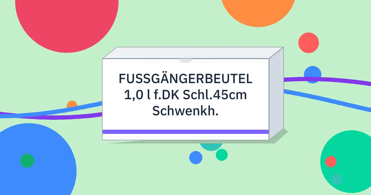 Symbolbild: Packung mit der Aufschrift FUSSGÄNGERBEUTEL 1,0 l f.DK Schl.45cm Schwenkh. (PZN 06096892) – Verfügbarkeit und Bezug in Apotheken in Frankfurt am Main