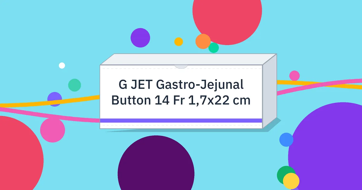 Symbolbild: Packung mit der Aufschrift G JET Gastro-Jejunal Button 14 Fr 1,7x22 cm (PZN 14342744) – Verfügbarkeit und Bezug in Apotheken in Frankfurt am Main