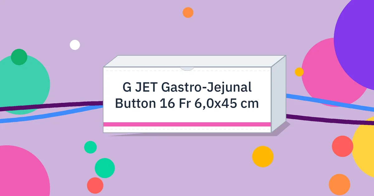 Symbolbild: Packung mit der Aufschrift G JET Gastro-Jejunal Button 16 Fr 6,0x45 cm (PZN 14347055) – Verfügbarkeit und Bezug in Apotheken in Frankfurt am Main