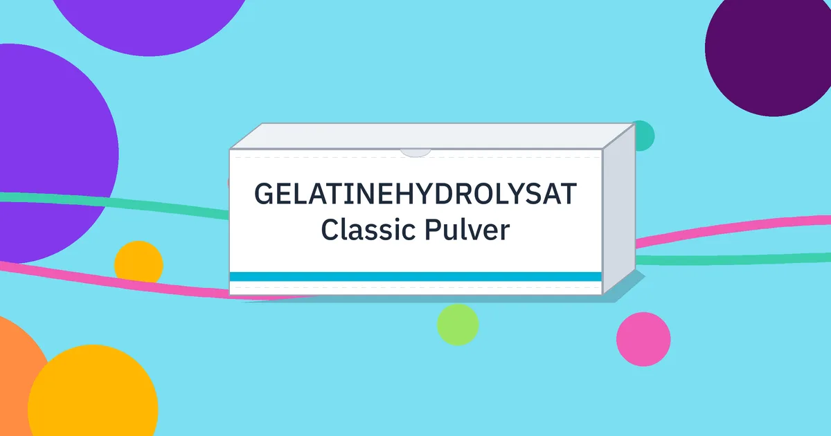 Symbolbild: Packung mit der Aufschrift GELATINEHYDROLYSAT Classic Pulver (PZN 10109554) – Verfügbarkeit und Bezug in Apotheken in Frankfurt am Main