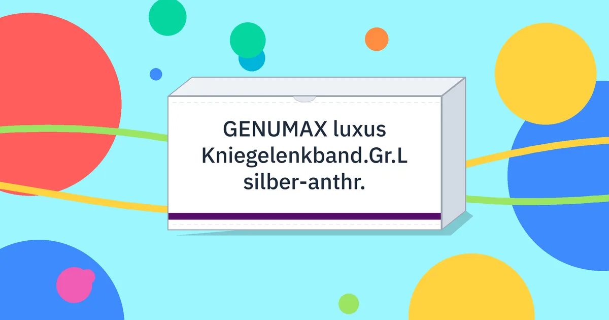 Symbolbild: Packung mit der Aufschrift GENUMAX luxus Kniegelenkband.Gr.L silber-anthr. (PZN 11097267) – Verfügbarkeit und Bezug in Apotheken in Frankfurt am Main