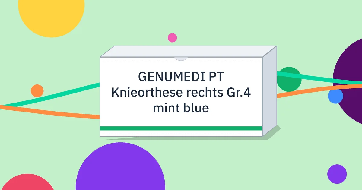 Symbolbild: Packung mit der Aufschrift GENUMEDI PT Knieorthese rechts Gr.4 mint blue (PZN 17982591) – Verfügbarkeit und Bezug in Apotheken in Frankfurt am Main
