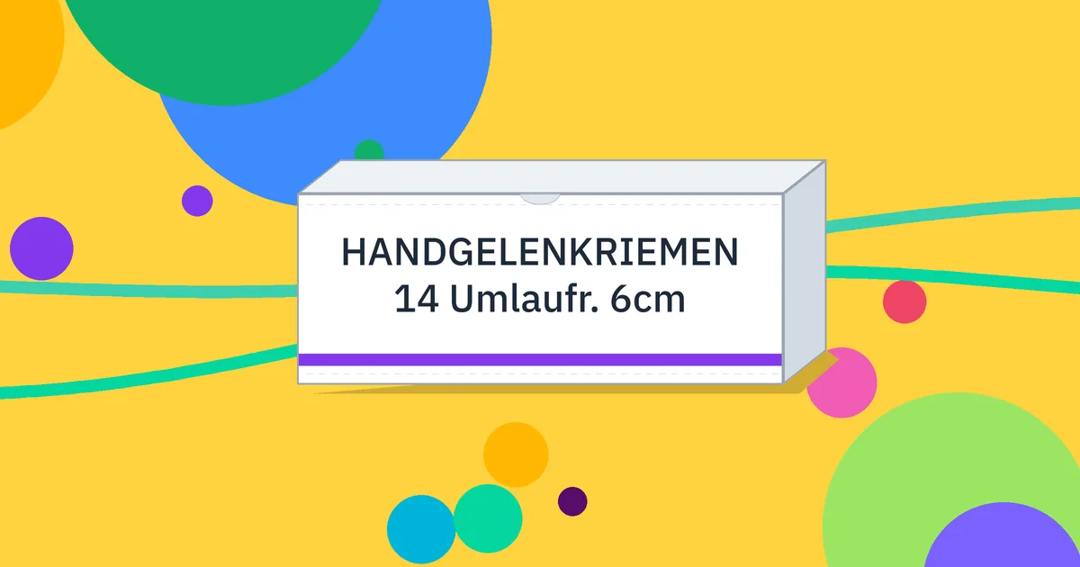 Symbolbild: Packung mit der Aufschrift HANDGELENKRIEMEN 14 Umlaufr. 6cm (PZN 01962623) – Verfügbarkeit und Bezug in Apotheken in Frankfurt am Main