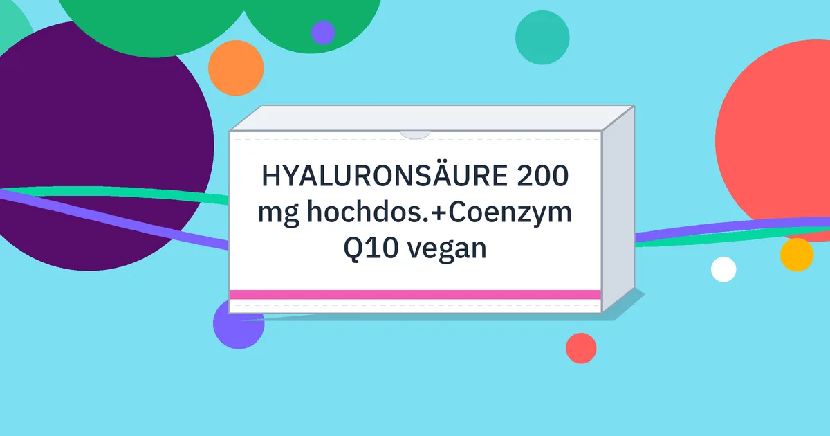 Symbolbild: Packung mit der Aufschrift HYALURONSÄURE 200 mg hochdos.+Coenzym Q10 vegan (PZN 13815287) – Verfügbarkeit und Bezug in Apotheken in Frankfurt am Main