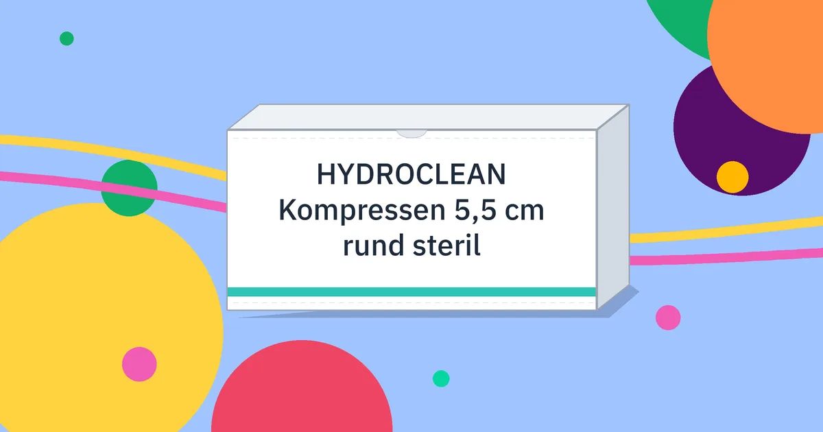 Symbolbild: Packung mit der Aufschrift HYDROCLEAN Kompressen 5,5 cm rund steril (PZN 18110321) – Verfügbarkeit und Bezug in Apotheken in Frankfurt am Main