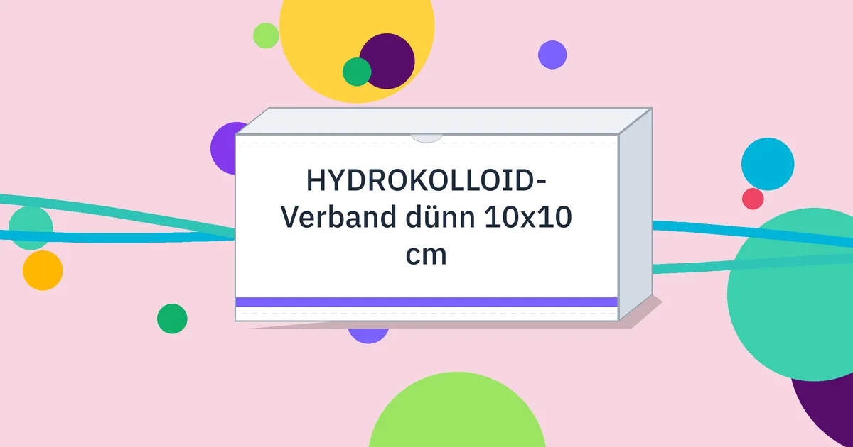 Symbolbild: Packung mit der Aufschrift HYDROKOLLOID-Verband dünn 10x10 cm (PZN 18717388) – Verfügbarkeit und Bezug in Apotheken in Frankfurt am Main
