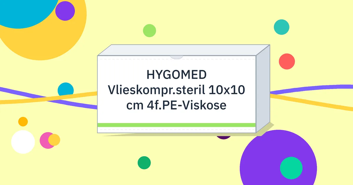 Symbolbild: Packung mit der Aufschrift HYGOMED Vlieskompr.steril 10x10 cm 4f.PE-Viskose (PZN 20383204) – Verfügbarkeit und Bezug in Apotheken in Frankfurt am Main