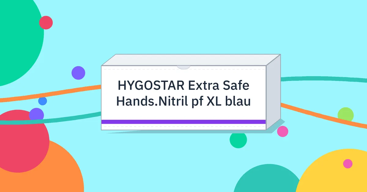Symbolbild: Packung mit der Aufschrift HYGOSTAR Extra Safe Hands.Nitril pf XL blau (PZN 20774873) – Verfügbarkeit und Bezug in Apotheken in Frankfurt am Main